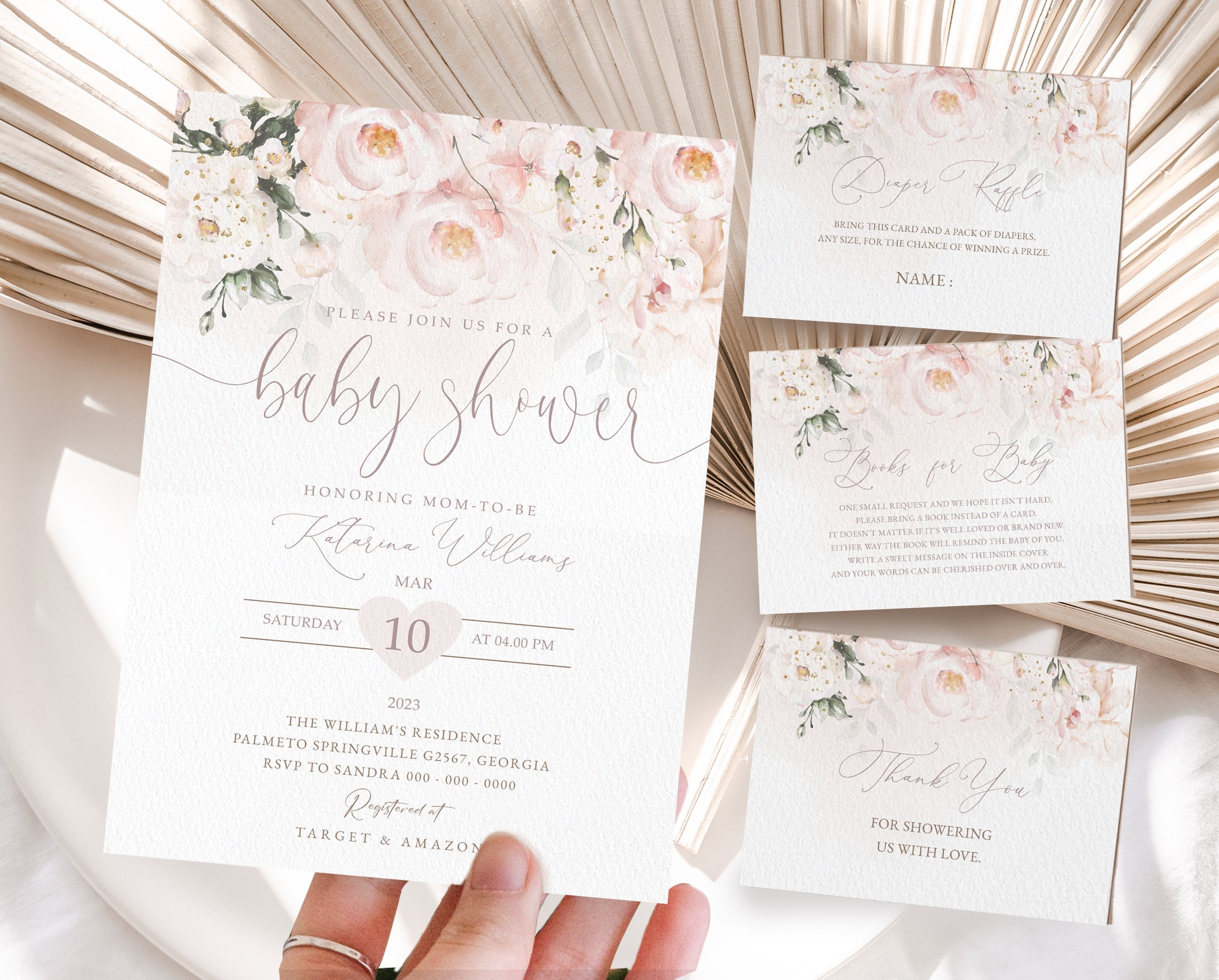 BLUSH Pink Rose Baby Shower Invitation Template, Printable Baby Shower ...