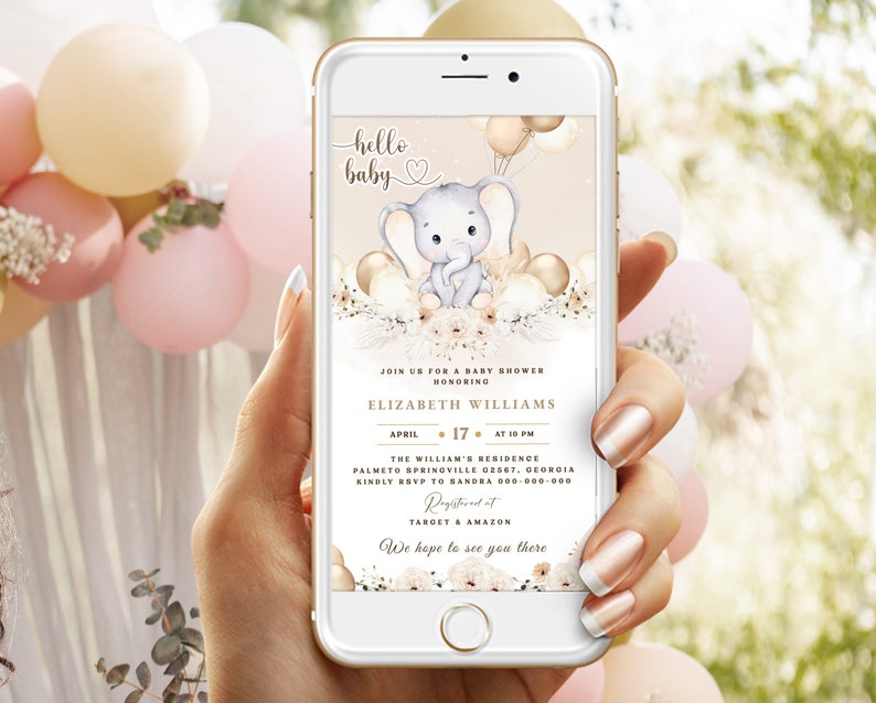 Digital Baby Shower Invitation, Elephant Balloons Boho Brown Theme ...