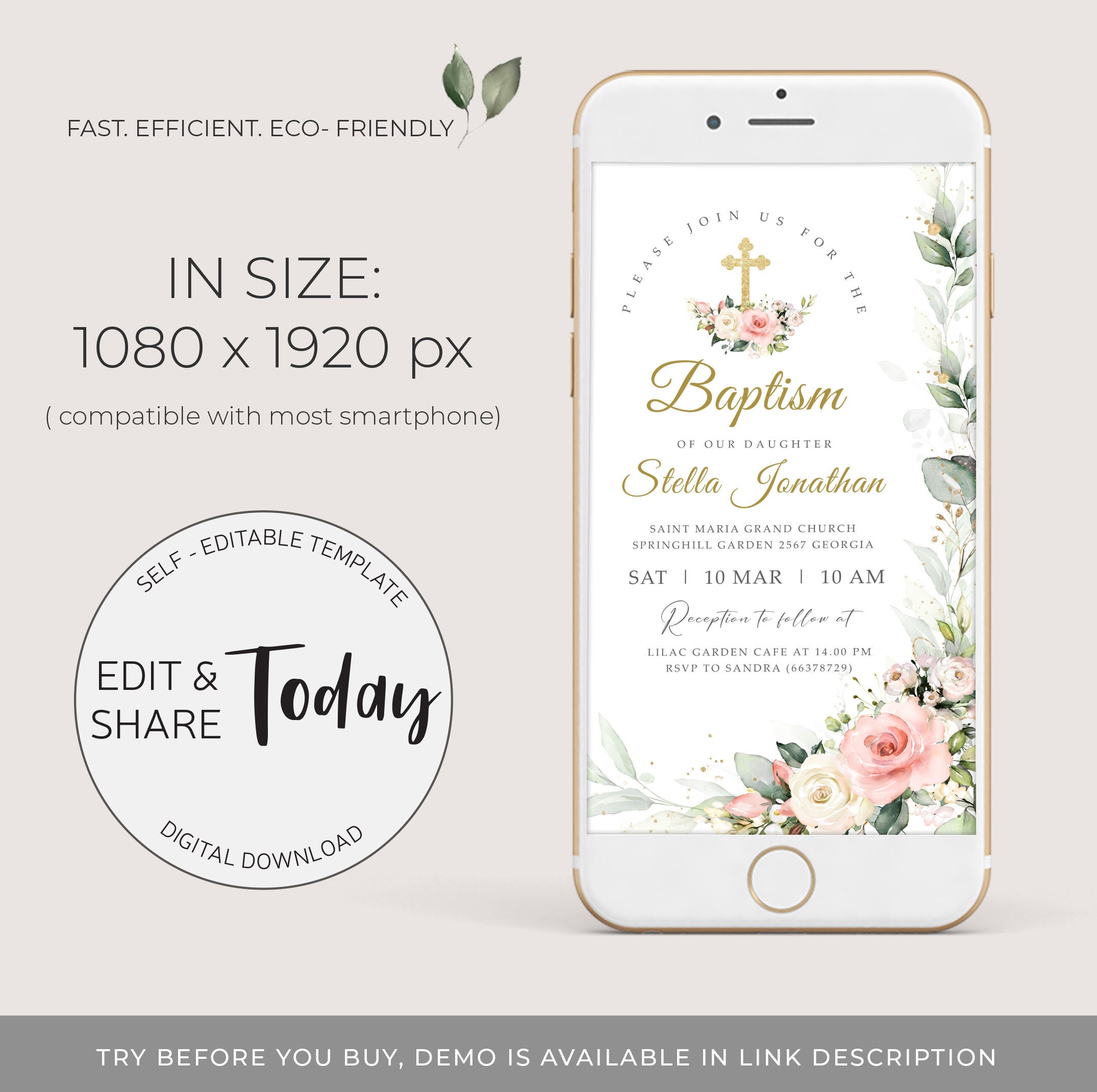 Digital Baptism Text Invitation Template, Greenery Pink Flowers, Pink ...