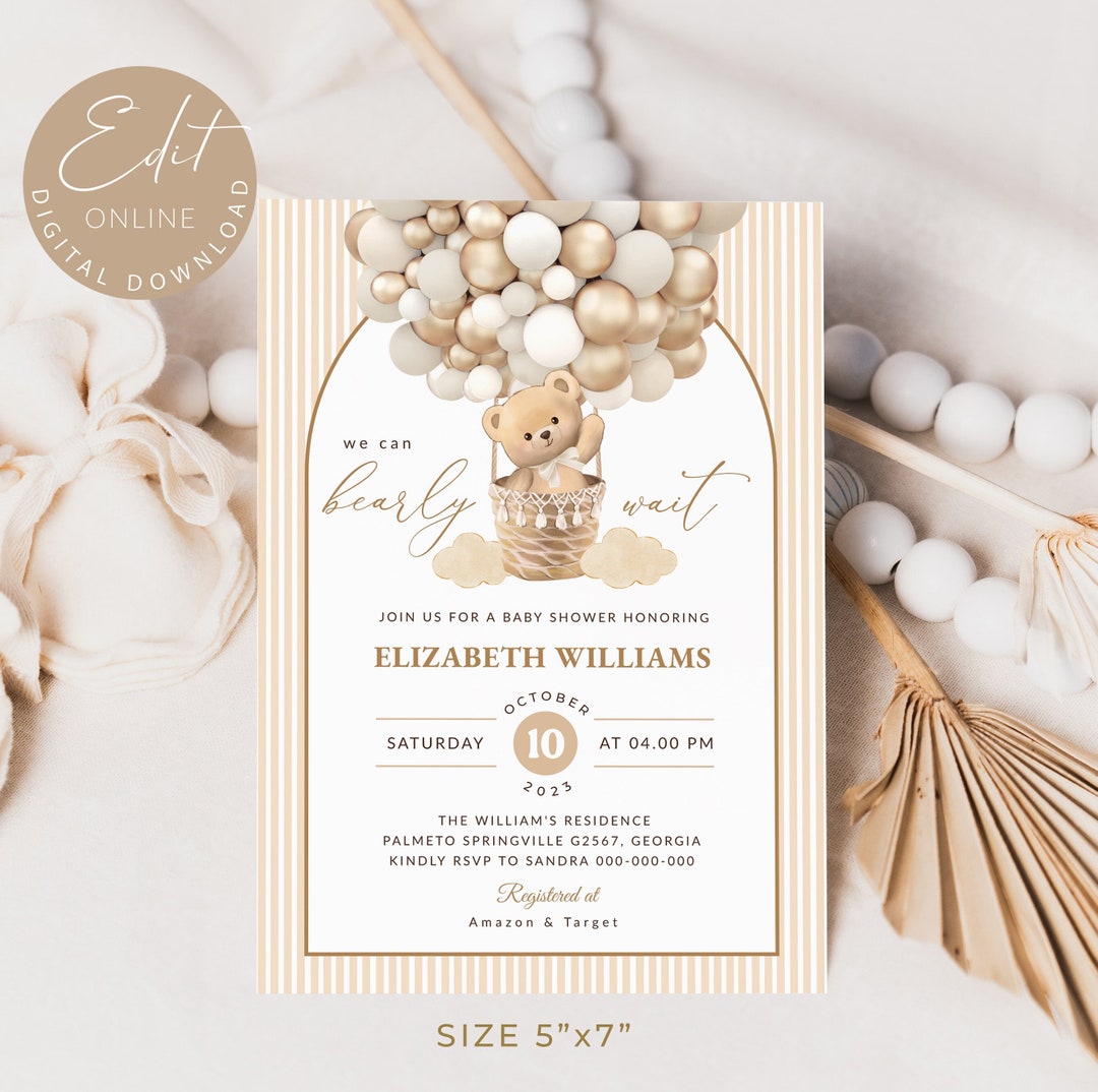 Editable Teddy Bear Balloons Brown, We Can Bearly Wait Baby Shower ...