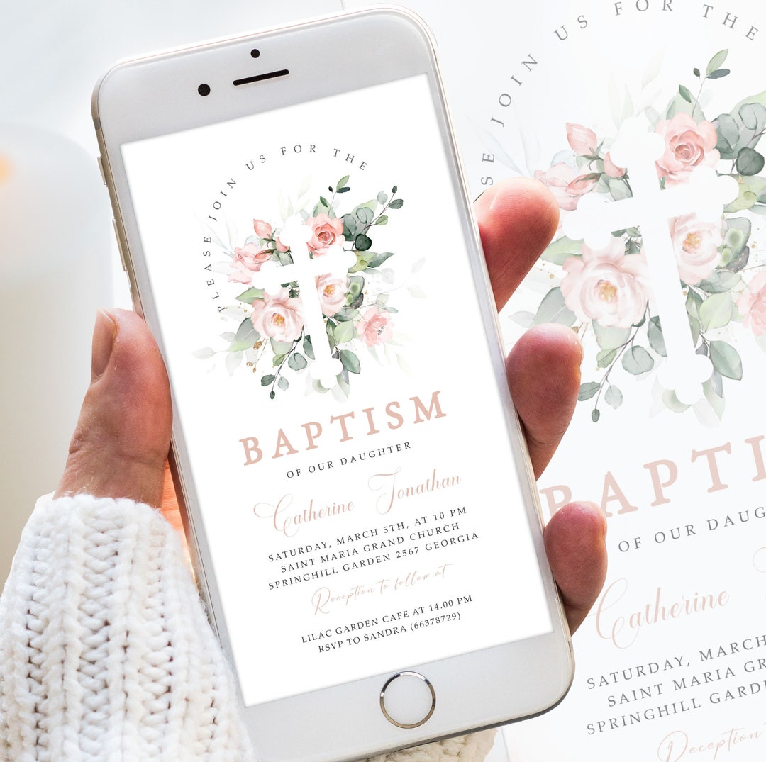 Digital Baptism Text Invitation Template, Pink Flowers With Cross, Pink ...