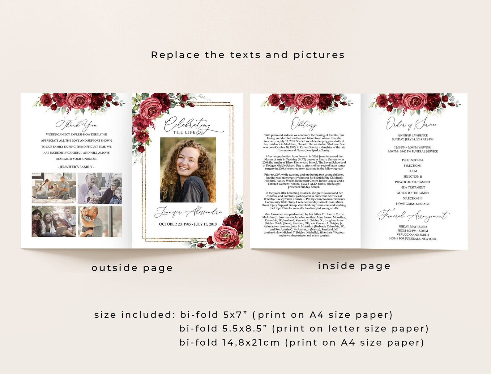 Editable Funeral Program Template, Memorial Service Template, Red Roses ...