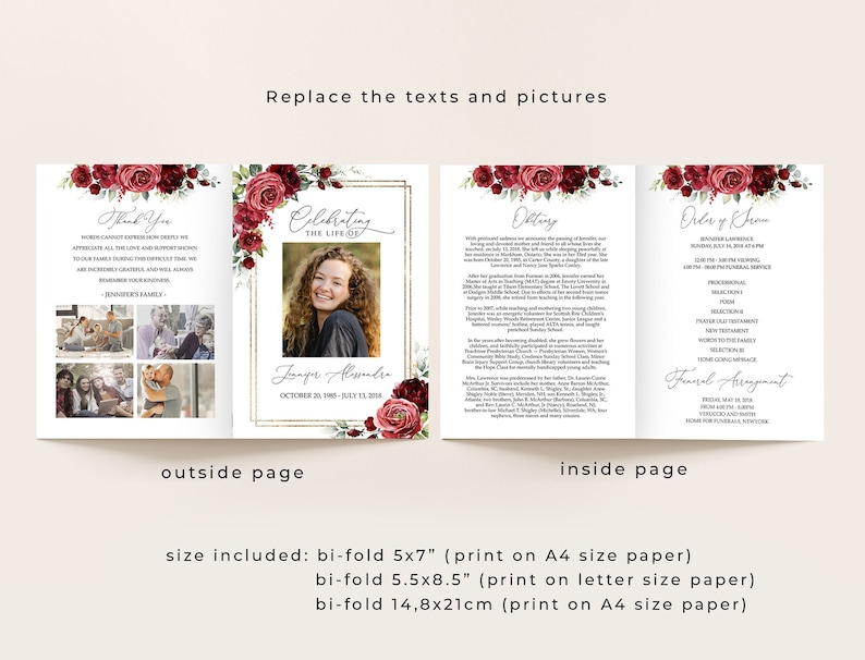 Editable Funeral Program Template, Memorial Service Template, Red Roses ...