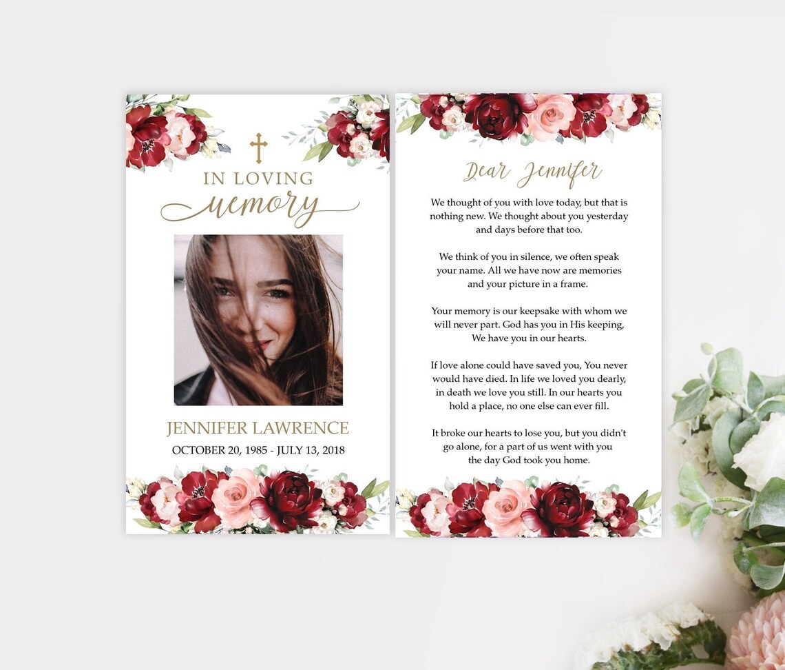 Red Roses Editable Funeral Prayer Card Template Floral Memorial Prayer ...