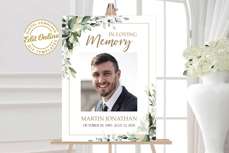 Greenery Leaves Funeral Welcome Sign Memorial Sign Template for Man ...