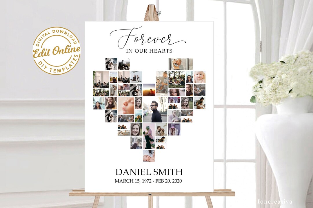 Heart Funeral Welcome Sign Photo Collage Template Memorial Service Sign ...