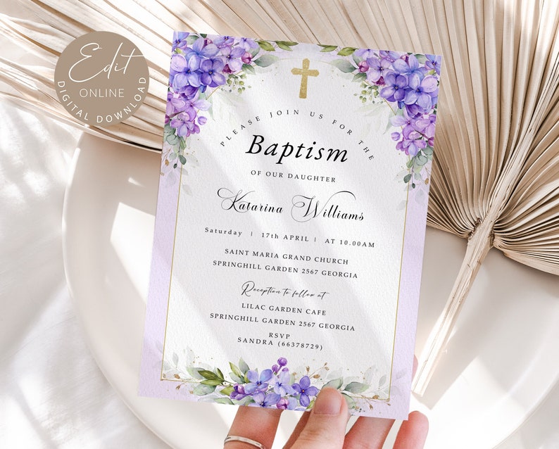 Baptism Invitation Template, Lavender Flowers, Editable, Purple Baptism ...