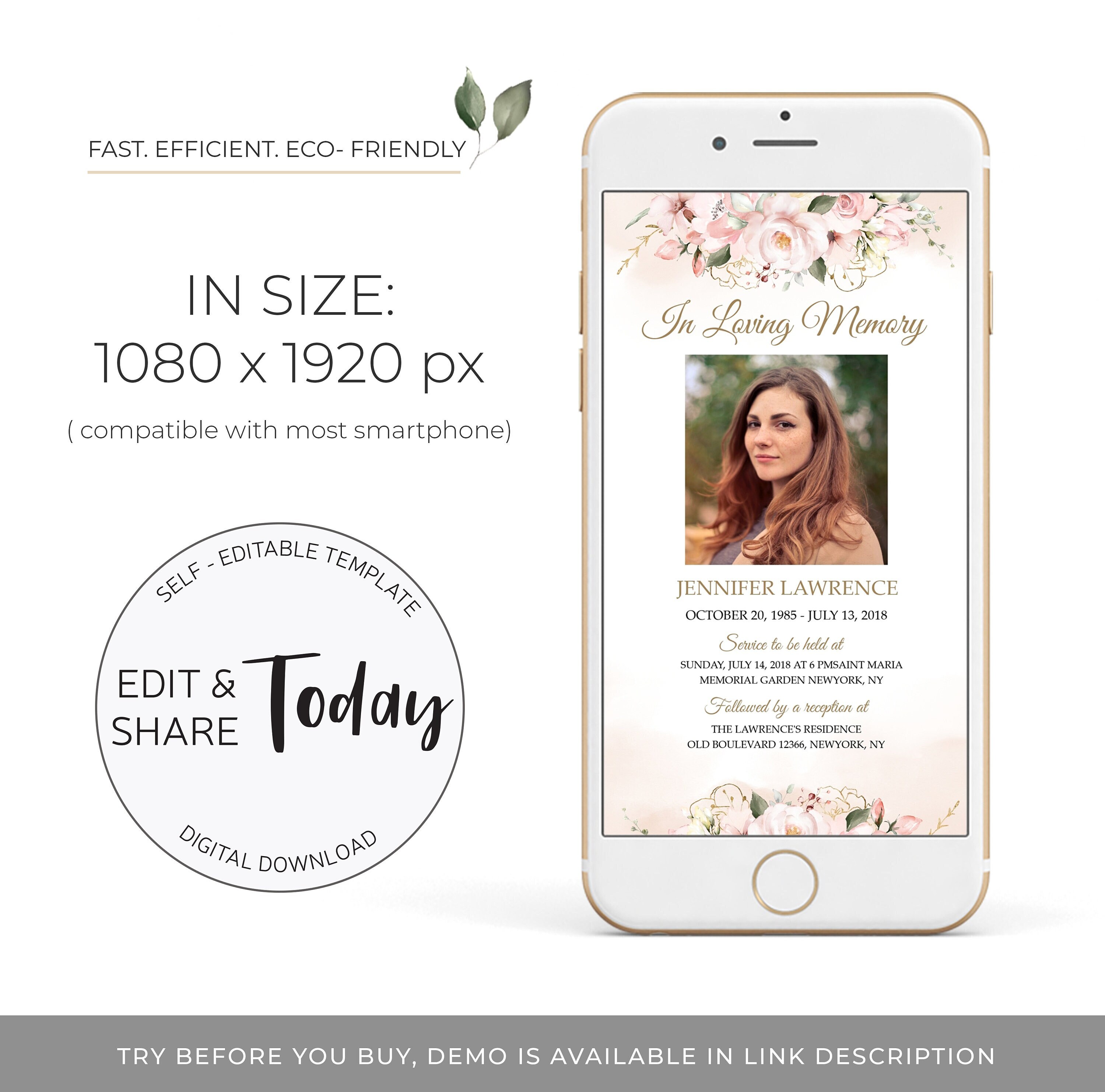 Digital Funeral Text Invitation Template, Funeral Announcement Pink ...