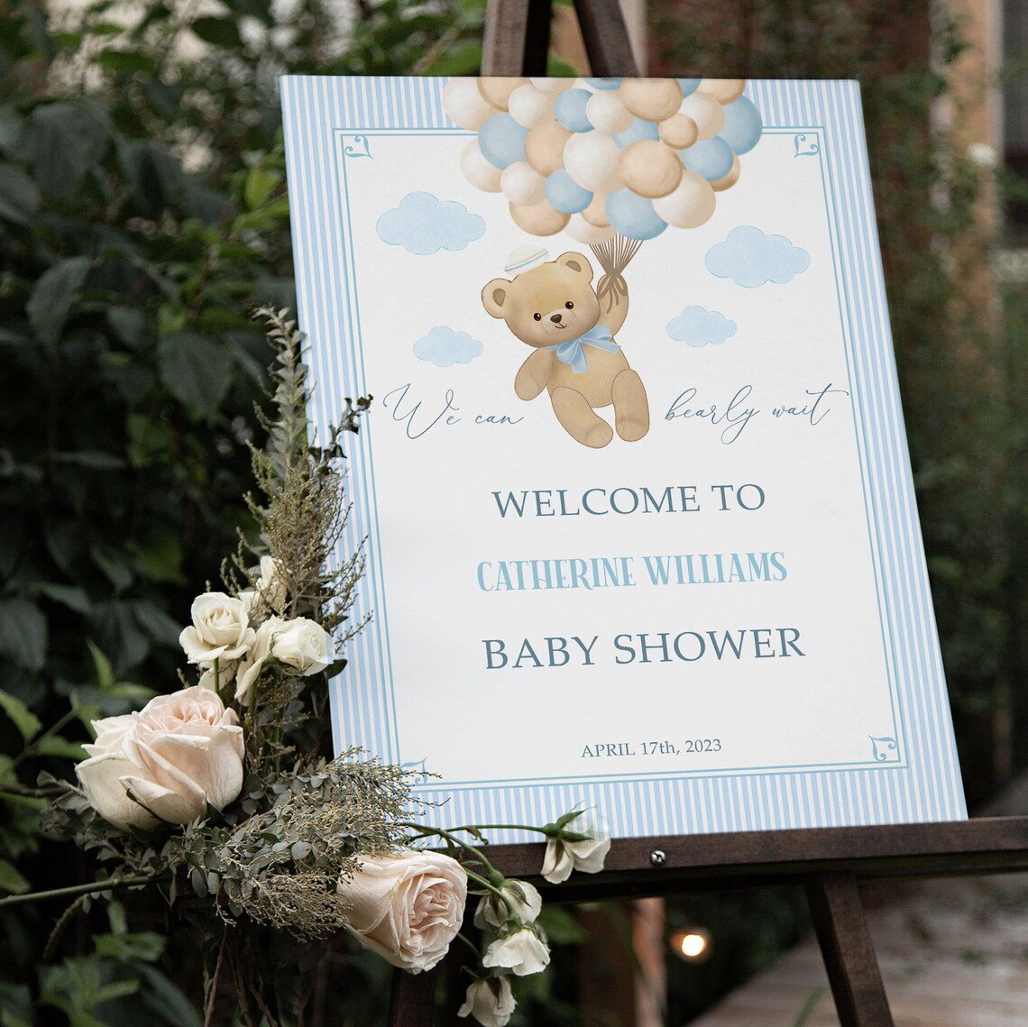 Editable Teddy Bear Baby Shower Welcome Sign, Blue Teddy Bear Baby ...