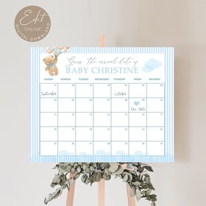 Editable Baby Shower Due Date Calendar Template Blue Balloon Printable ...