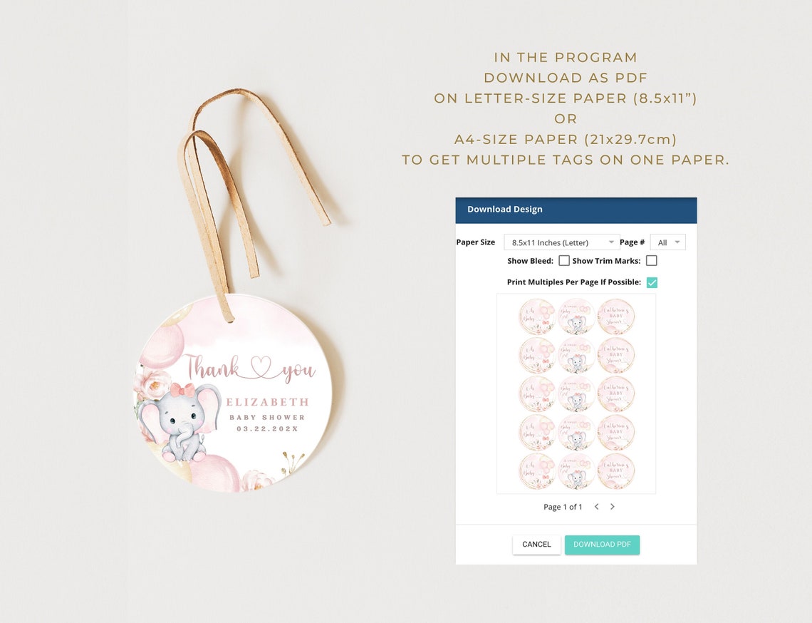 Editable Elephant Baby Shower Favors Pink Thank You Tag Printable ...