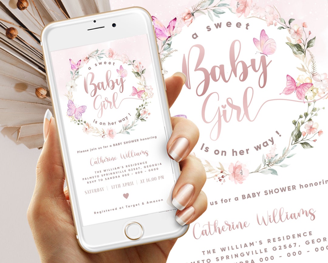 Digital Baby Shower Text Invitation Template, Rustic Pink Flowers, Pink ...