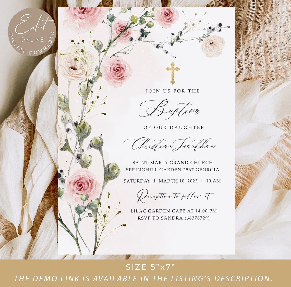Pink Floral Baptism Invitation Girl, Baptism Invite Template, Girl ...