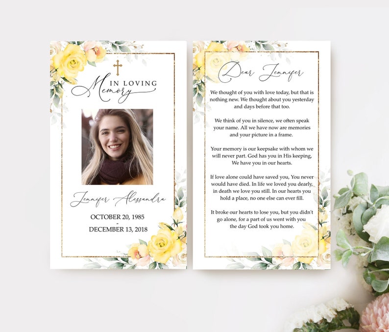 Editable Funeral Prayer Card Template Yellow Roses Editable Memorial ...