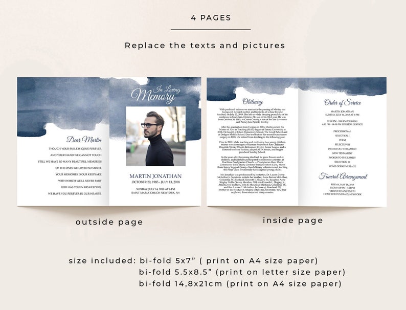 Blue Funeral Program Template Memorial Program Template Order of Service Editable Funeral ...