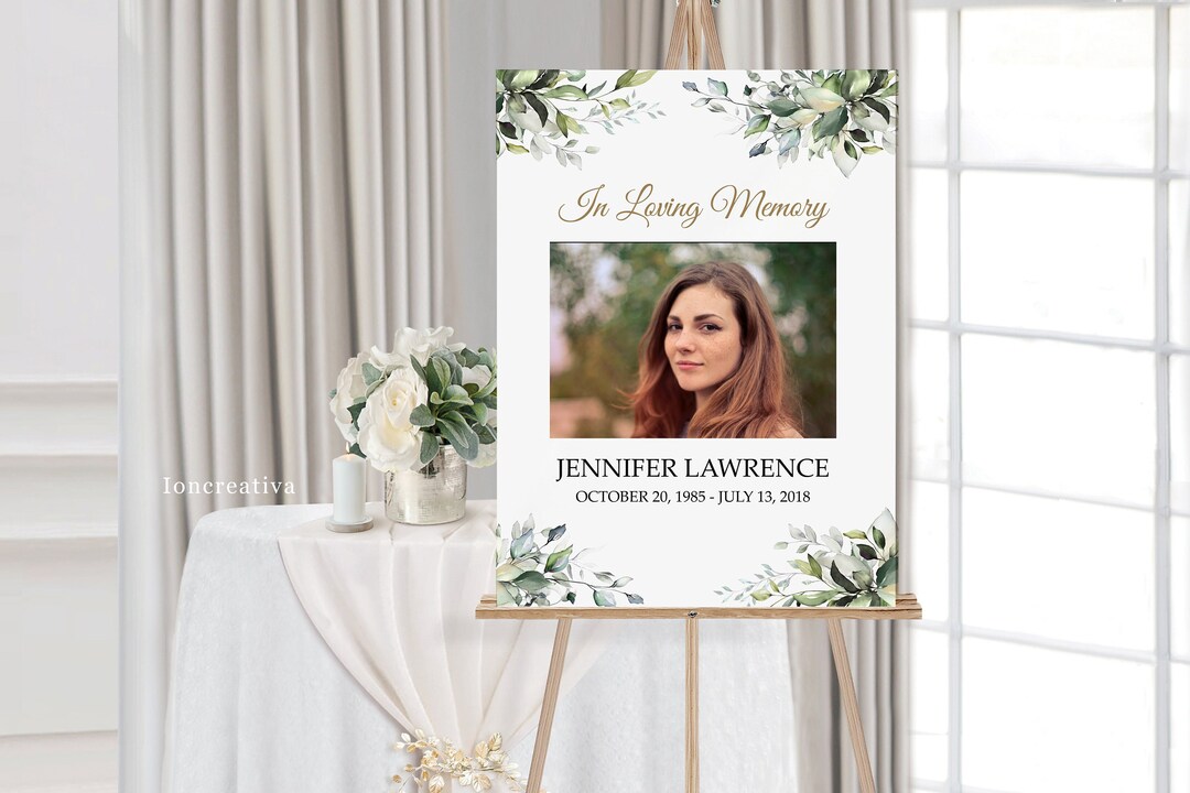 Greenery Editable Funeral Sign, Leaves Green, Memorial Service Sign ...