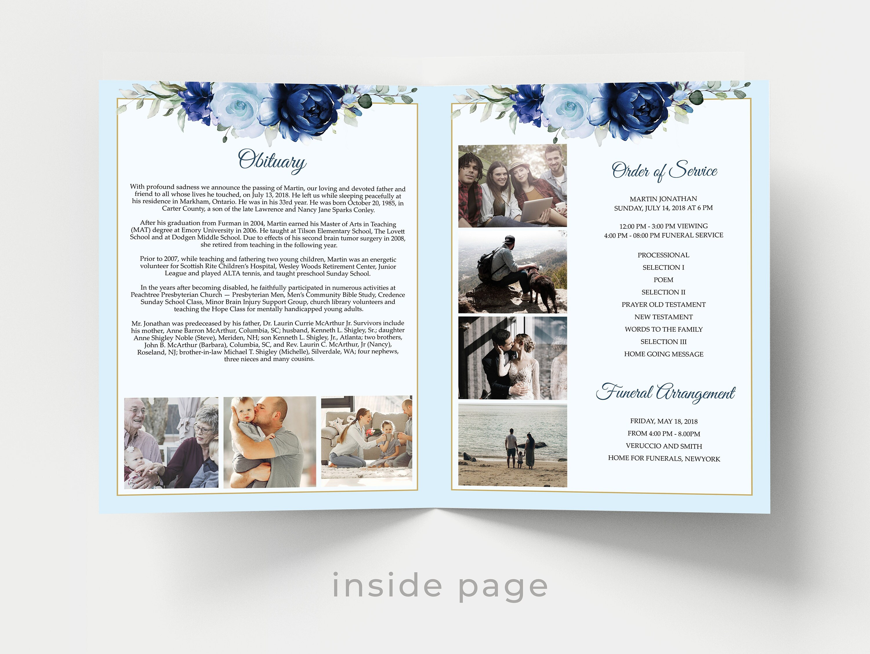Letter Bi-fold Funeral Program Template Blue Roses, Letter Memorial ...