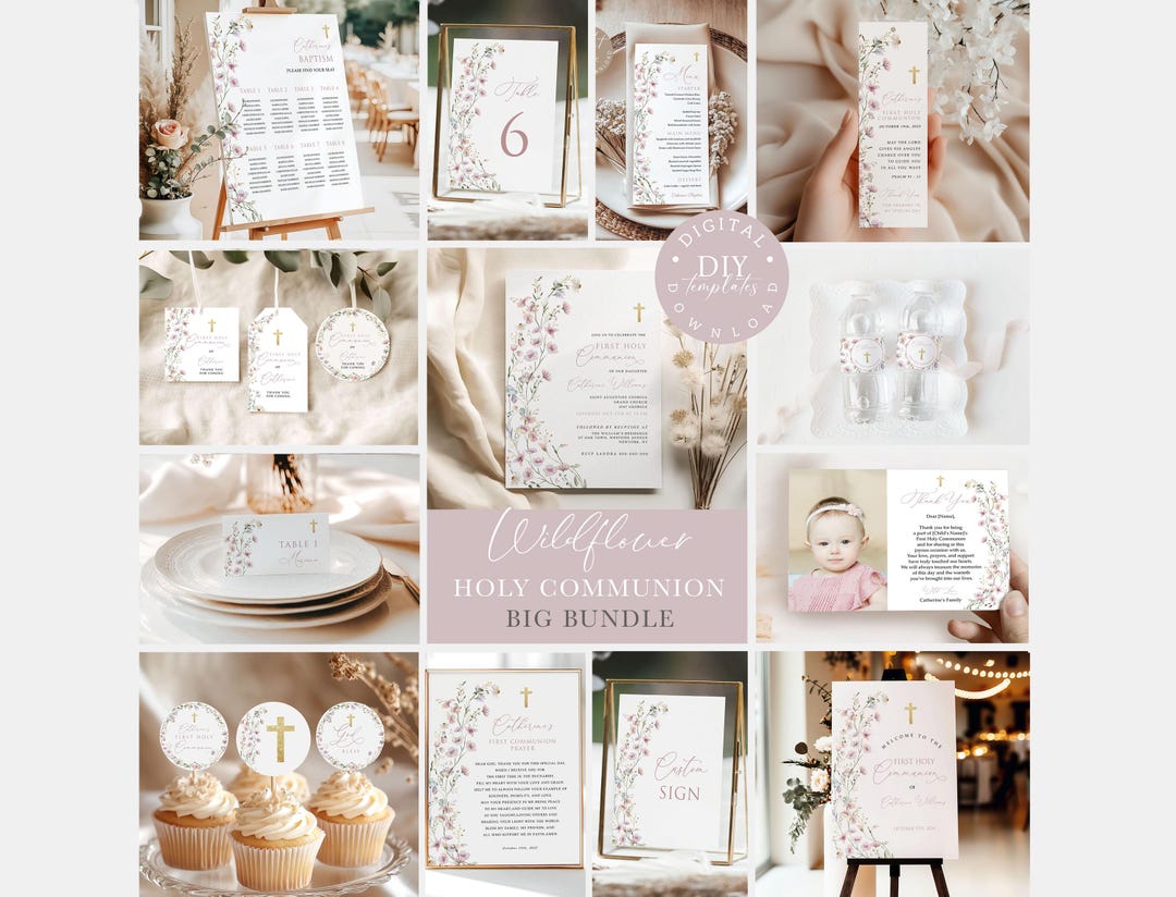Girls First Holy Communion Bundle Template, Pink Wildflower Holy ...