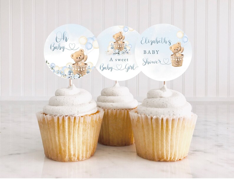 Bear Blue Balloon Baby Shower Cupcake Toppers, Blue Baby Shower Cupcake ...