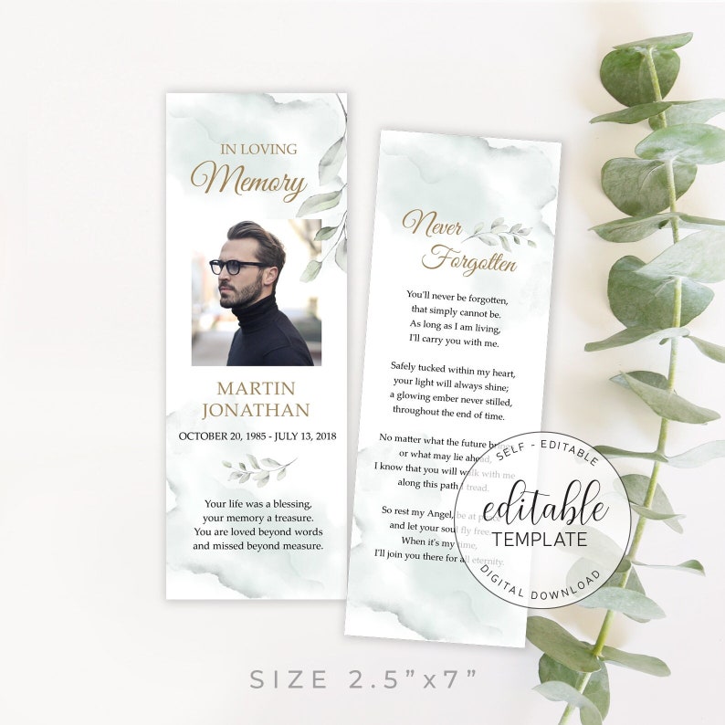 Memorial Bookmark Template, Greenery Funeral Bookmark, Double Sided ...