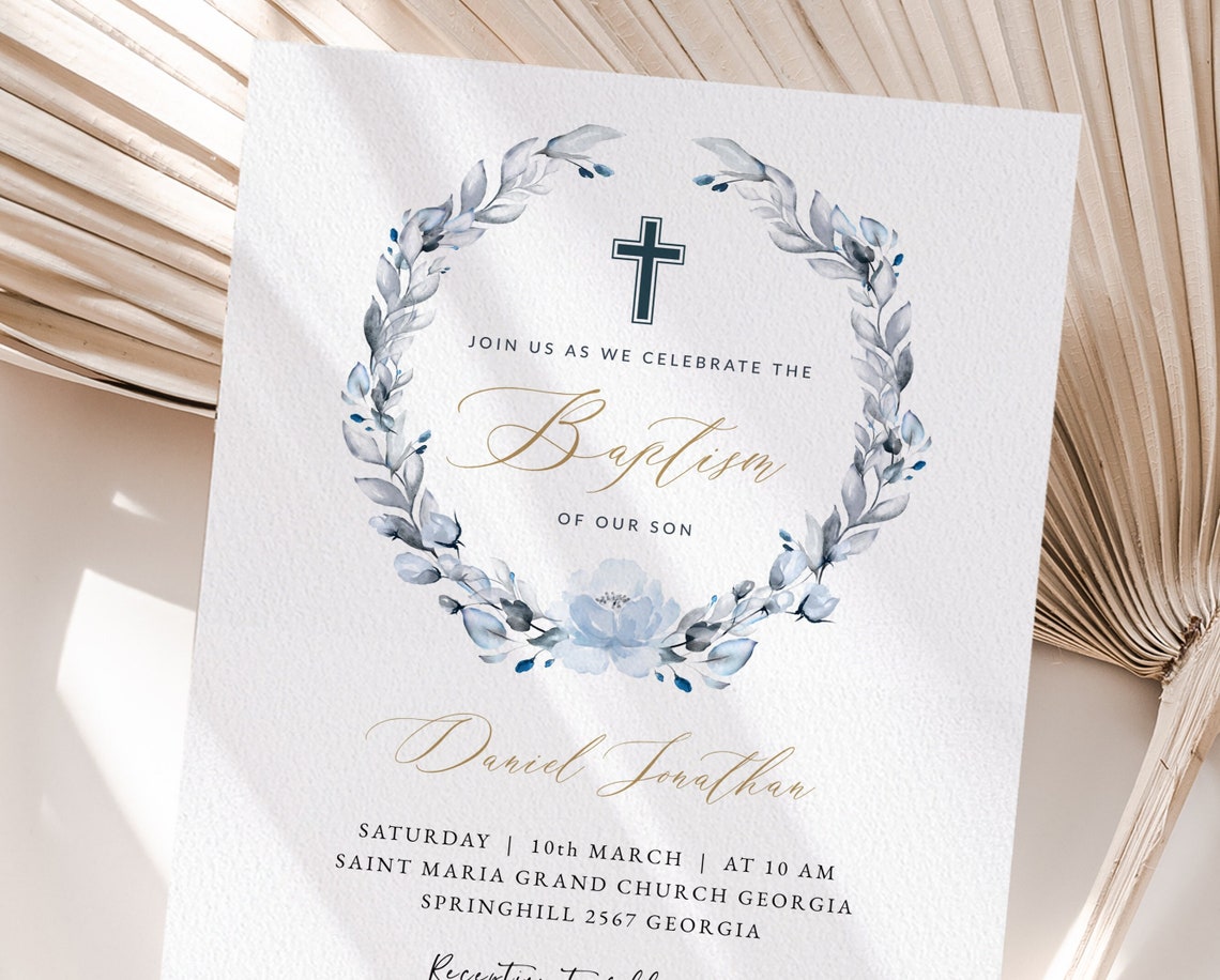 Baptism Invitation Template With Cross Blue Baptism Elegant Boy and ...