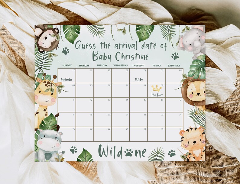 Baby Shower Due Date Calendar Template Safari Animal, Printable Baby ...