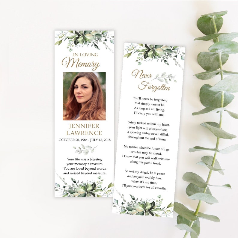 Editable Funeral Bookmark Template, Greenery Celebration of Life ...