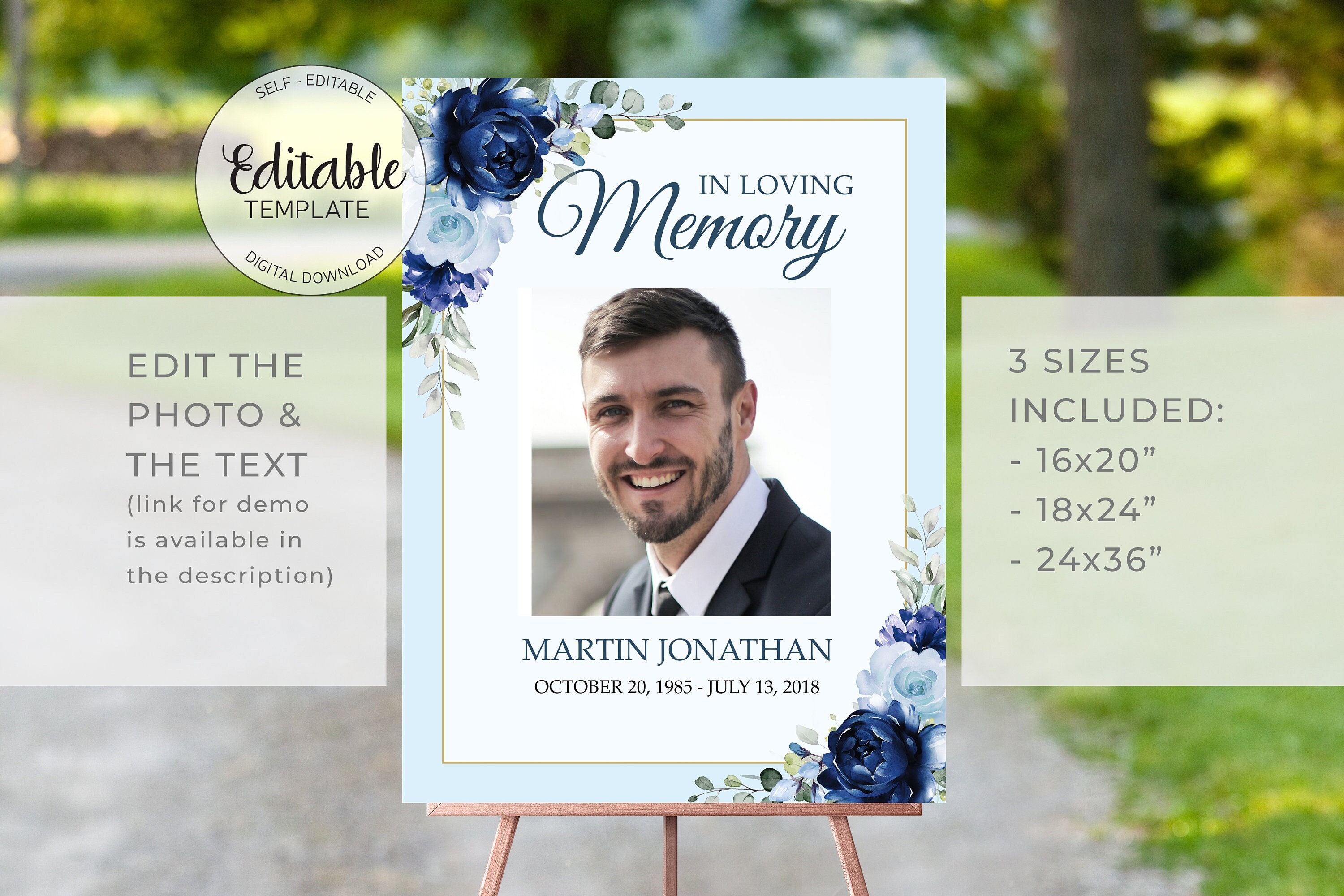 Editable Funeral Welcome Sign Memorial Sign Template Blue Roses Funeral ...