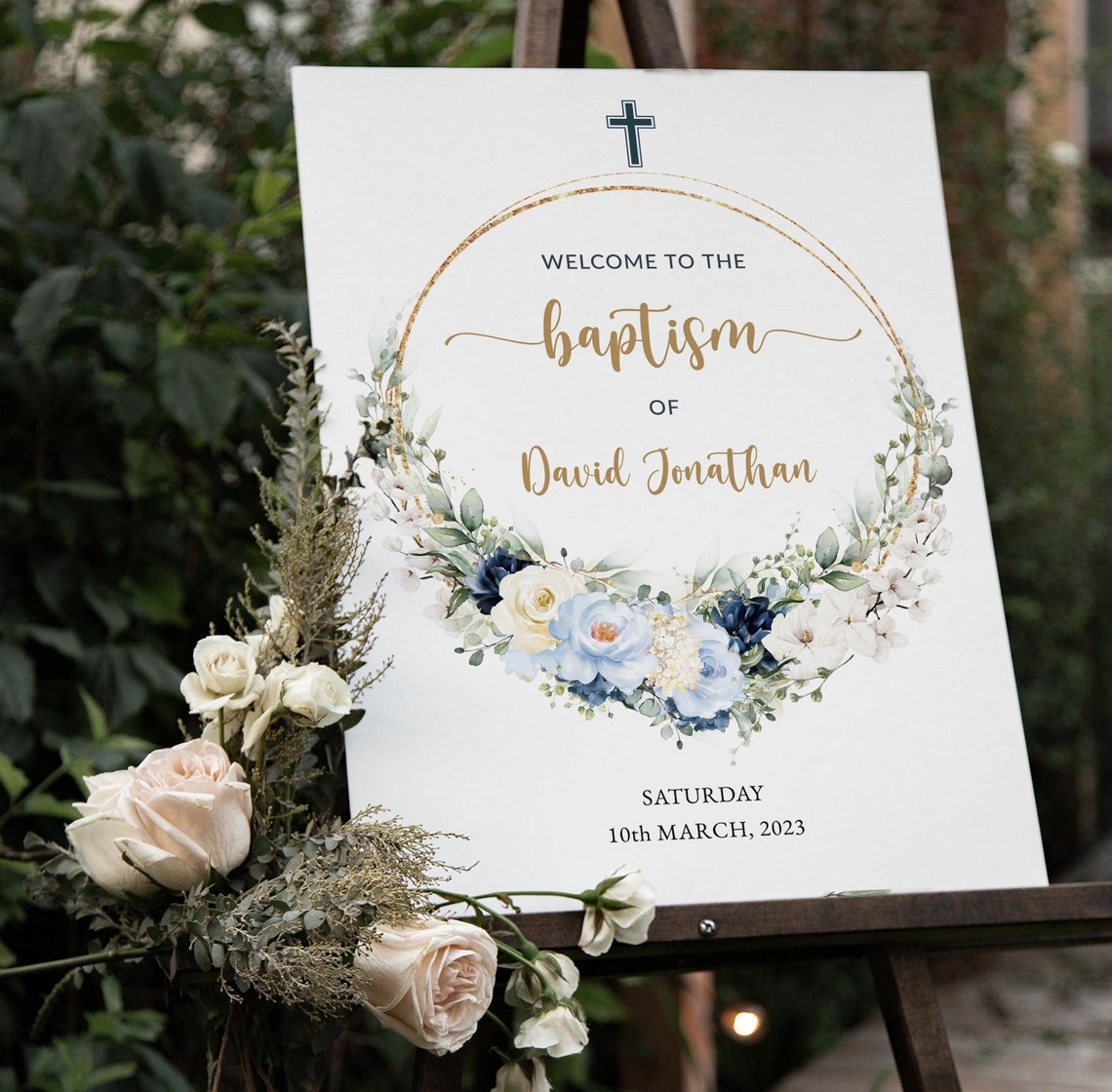 Editable Baptism Welcome Sign Template, Dusty Blue Foliage Baptism ...