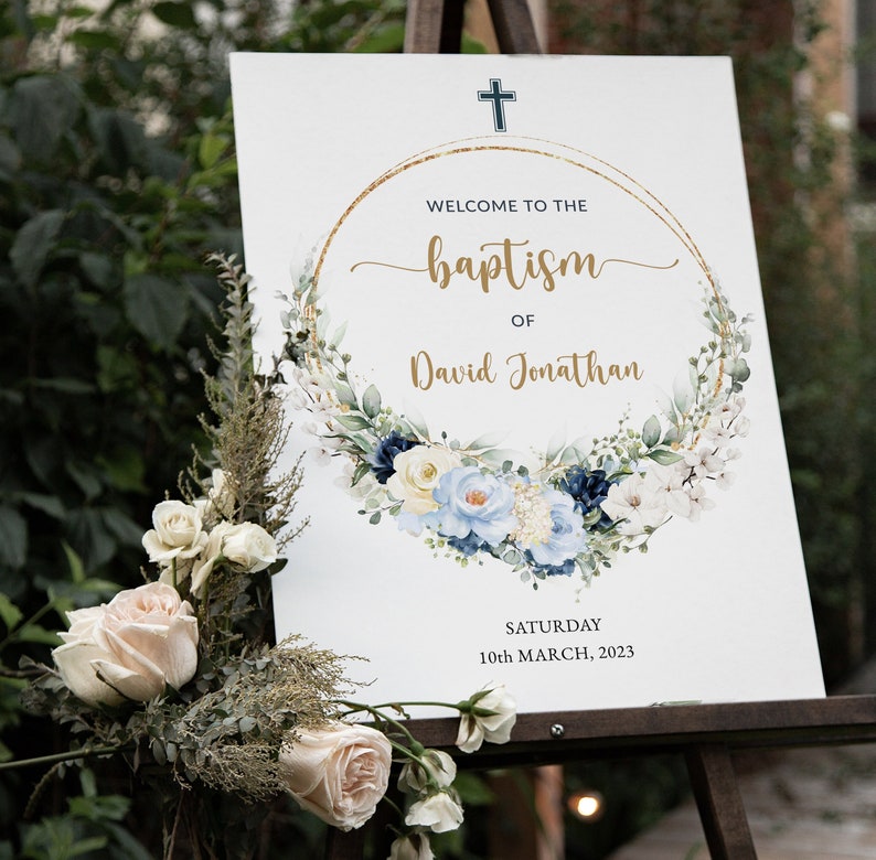 Editable Baptism Welcome Sign Template, Dusty Blue Foliage Baptism ...