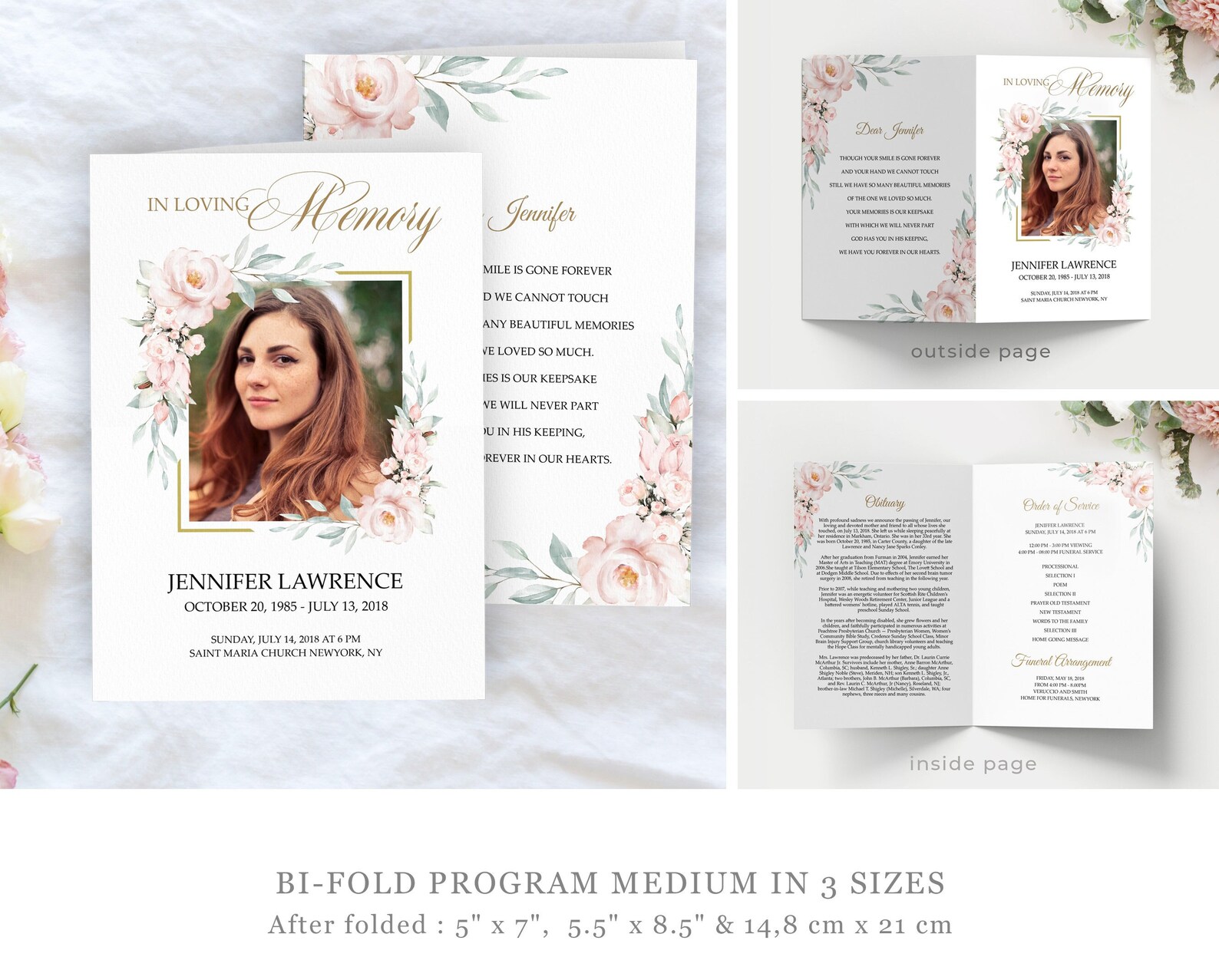 Pink Roses Funeral Bundle Template Floral Celebration of Life Bundle ...