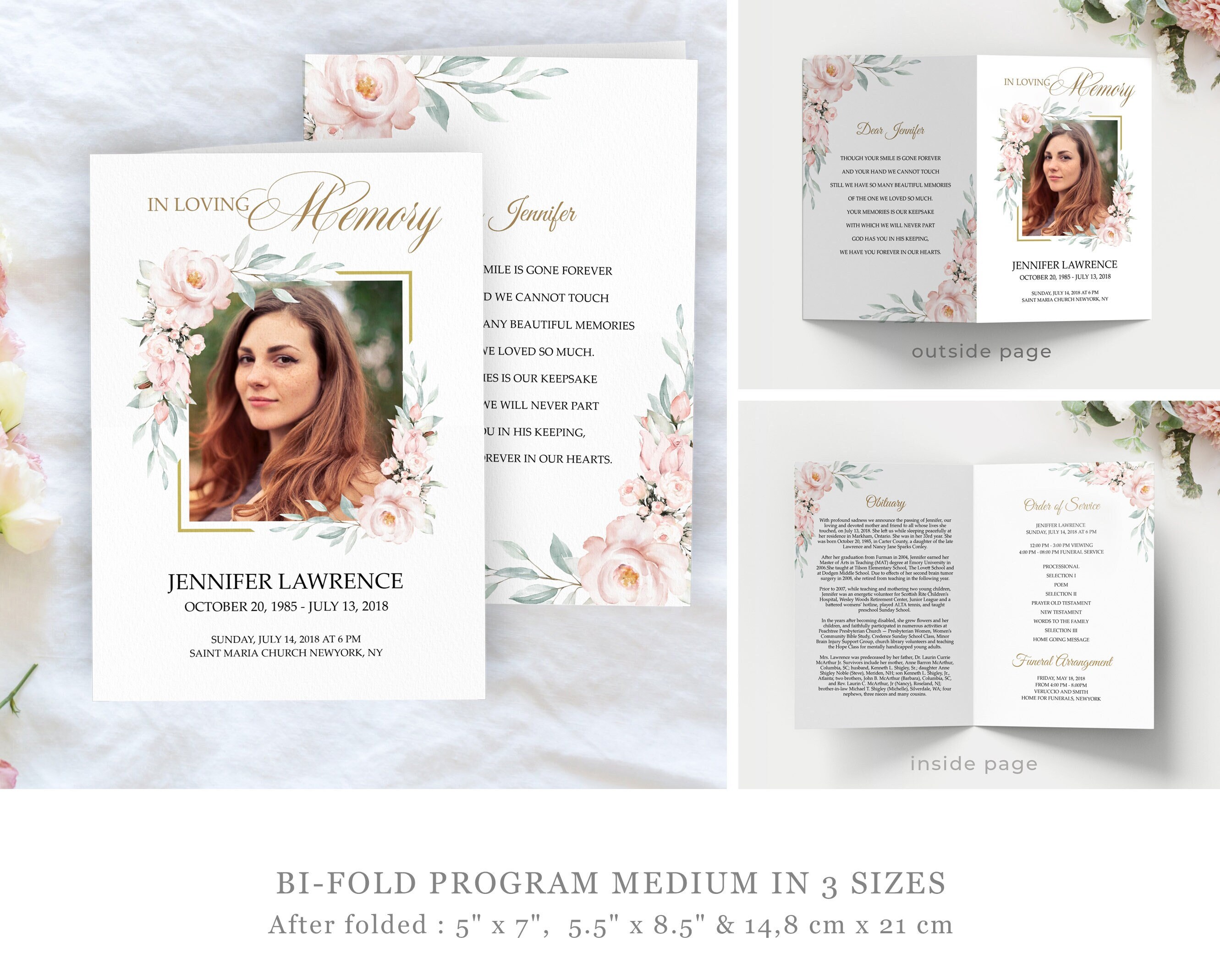 Pink Roses Funeral Bundle Template Floral Celebration of Life Bundle ...