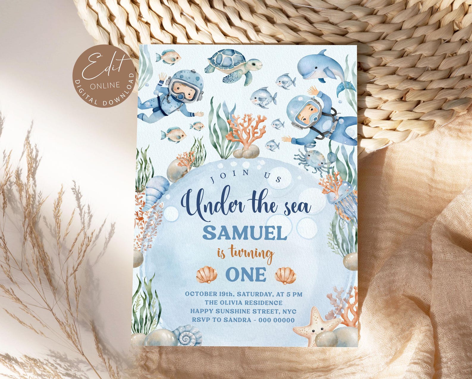 Diver Sea Birthday Invitation, Editable Under the Sea Party Invite ...