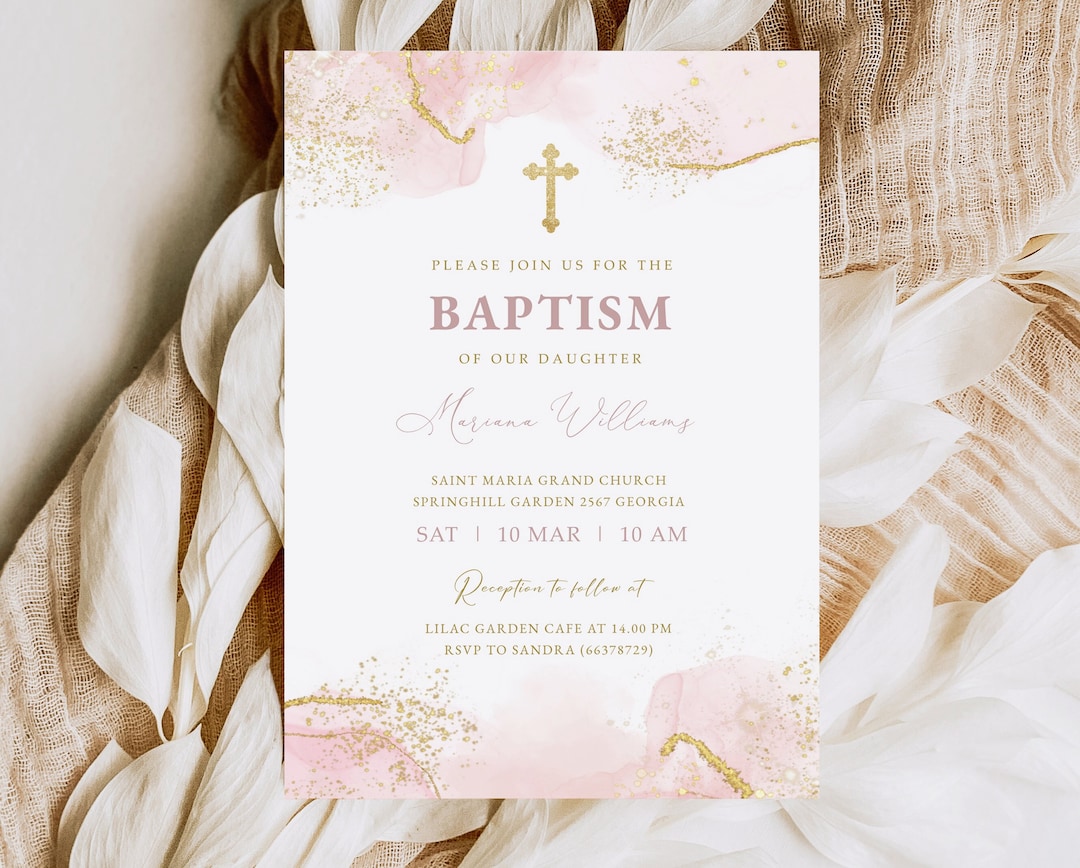 Editable Girl Baptism Invitation Template, Pink Watercolor Baptism ...