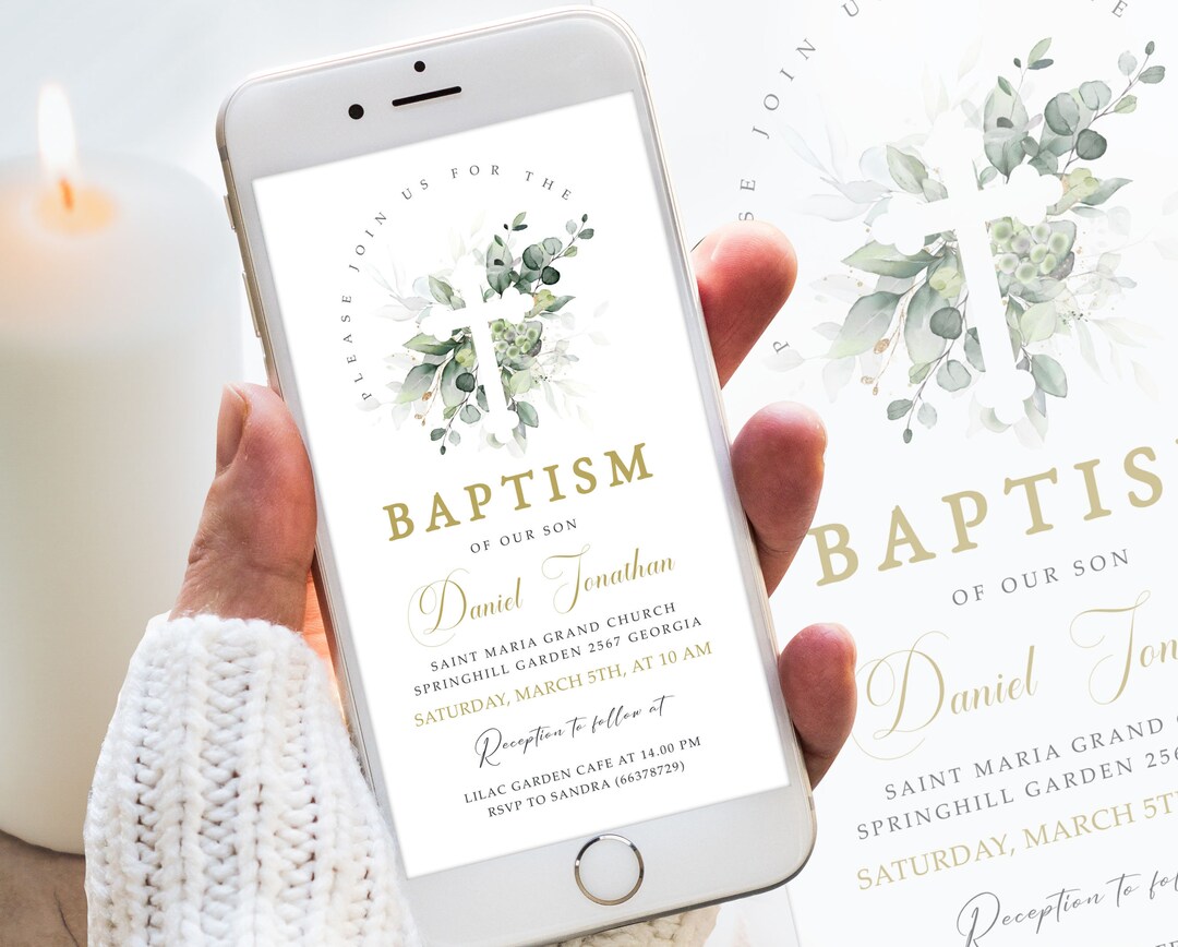 Editable Electronic Baptism Invitation Template Greenery Baptism Invite ...