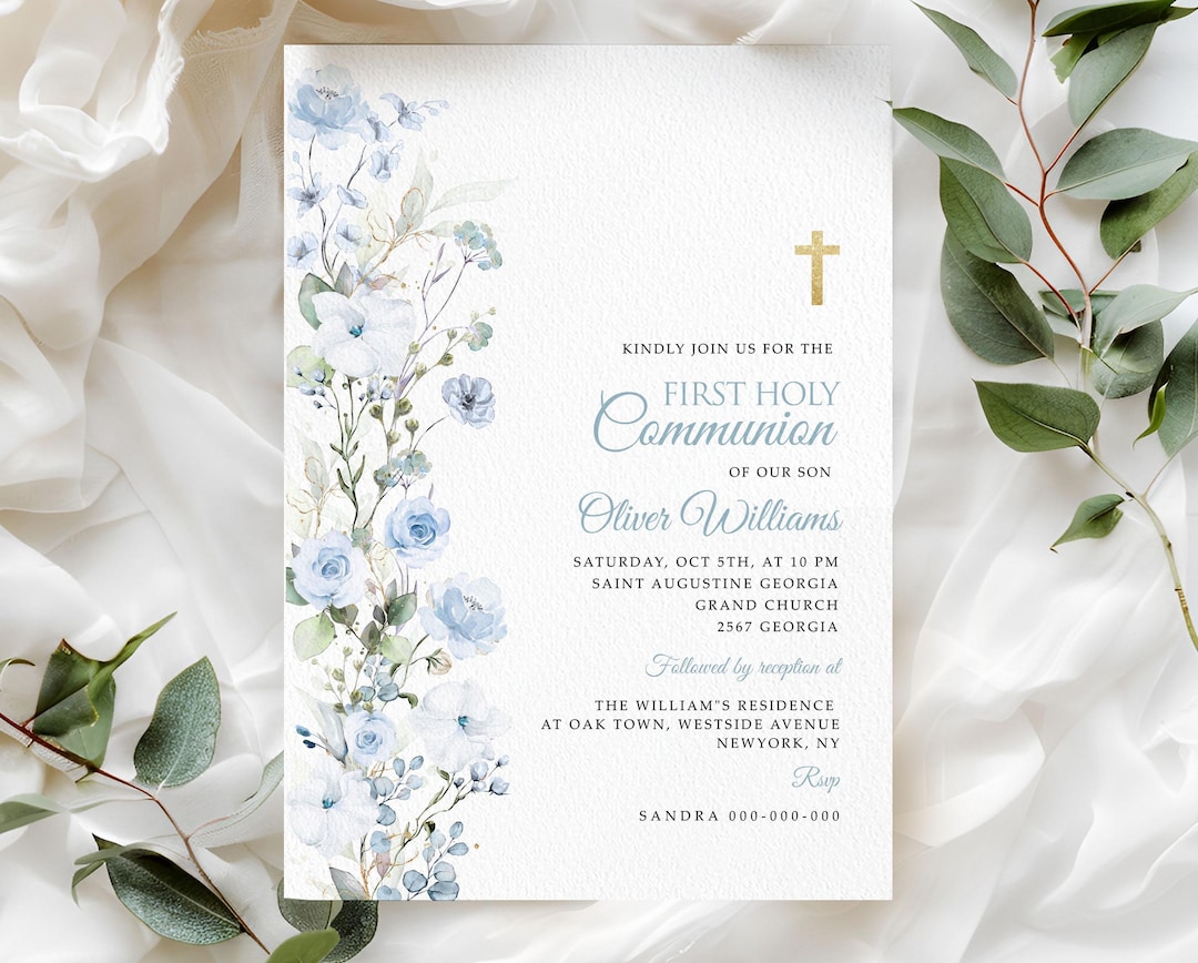 First Holy Communion Invitation Template, Blue Rose 1st Communion ...