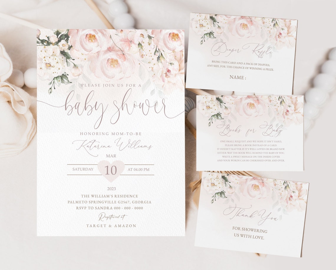 BLUSH Pink Rose Baby Shower Invitation Template, Printable Baby Shower ...