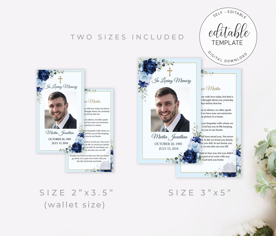 Editable Funeral Prayer Card Template Blue Roses Editable Memorial ...