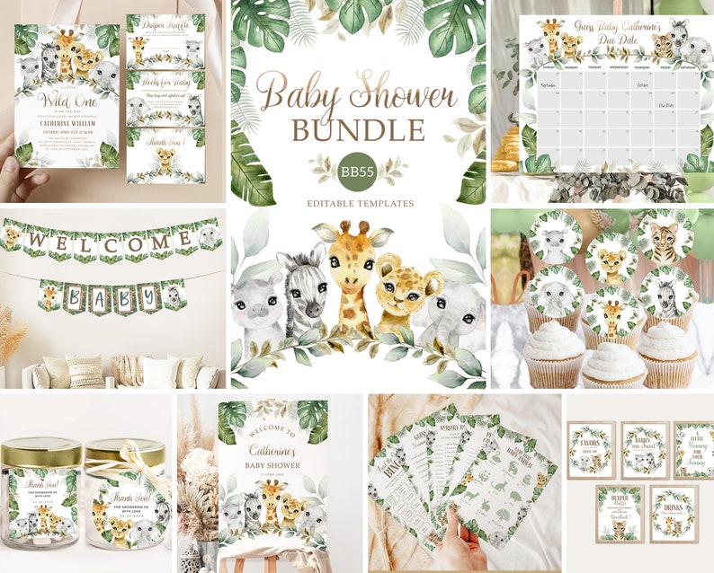 Editable Safari Animals Baby Shower Bundle Safari Baby Shower Invites ...