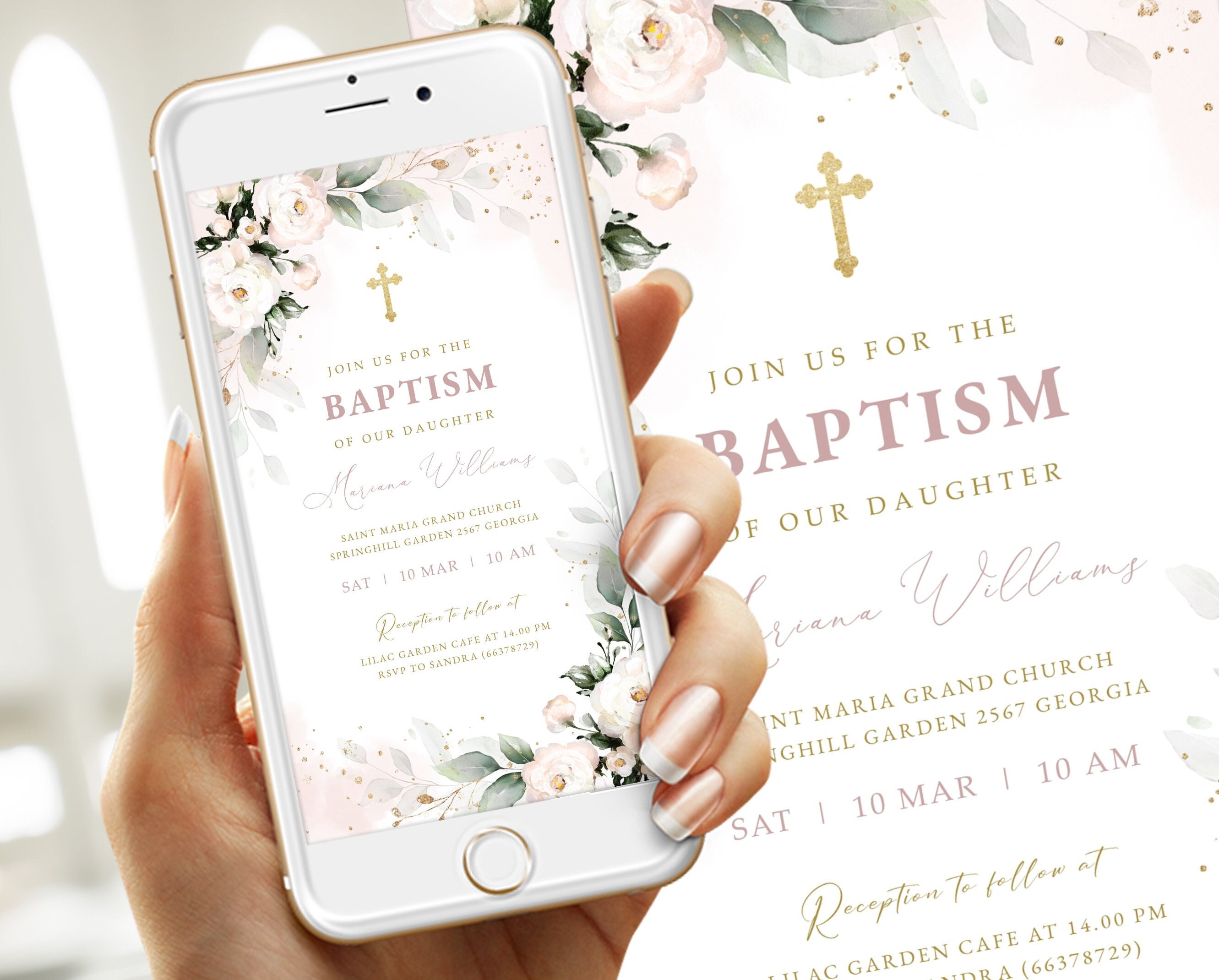 Digital Baptism Evite Invitation Template, Blush Pink Flowers, Pink ...