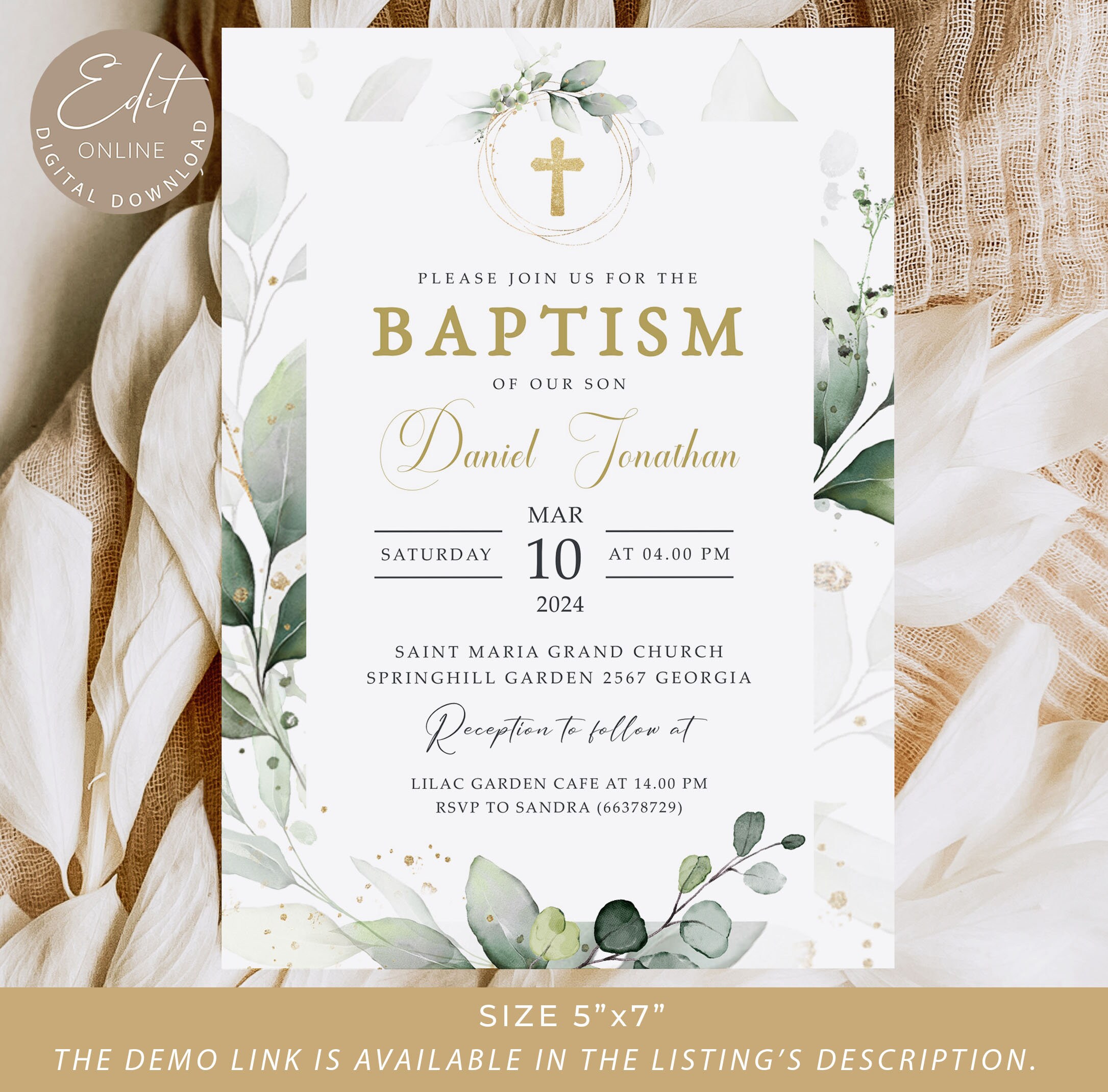 Editable Baptism Invitation Template, Greenery Baptism Invitation ...