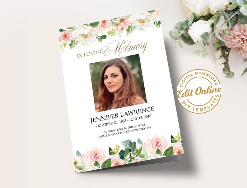 Editable Funeral Program Template Pink Blush Roses, Floral Memorial ...