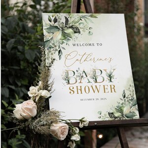 Editable Greenery Baby Shower Welcome Sign Sage Green and Gold ...