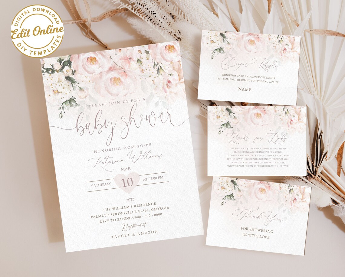 BLUSH Pink Rose Baby Shower Invitation Template, Printable Baby Shower ...