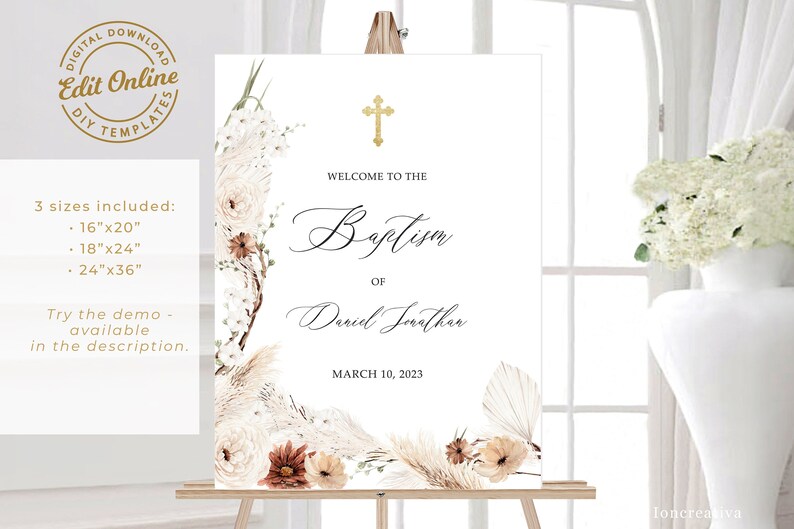 Editable Boho Baptism Welcome Sign Template Boho Pampas Grass Baptism ...
