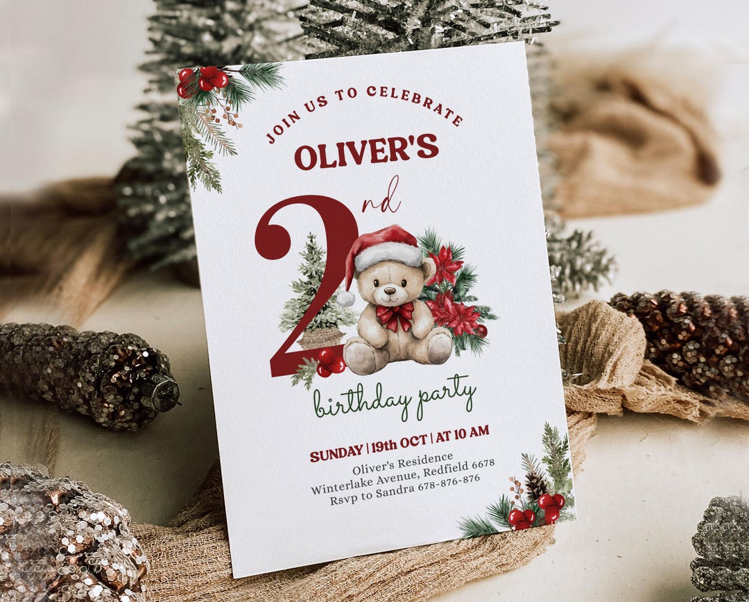 Editable Christmas Birthday Invitation, Baby Birthday Bear Christmas ...