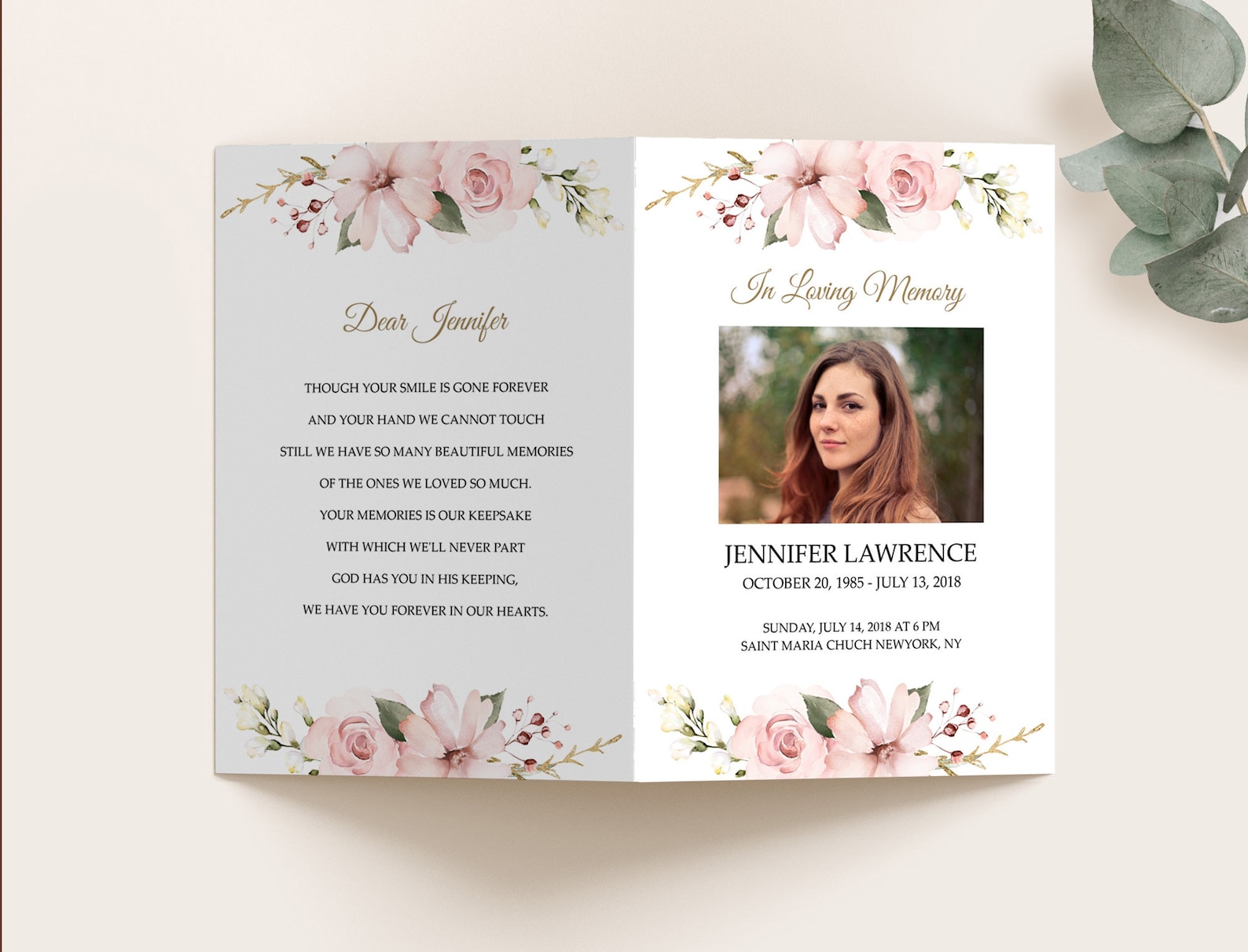 Editable Pink Rose Floral Funeral Program Template in Loving Memory of ...