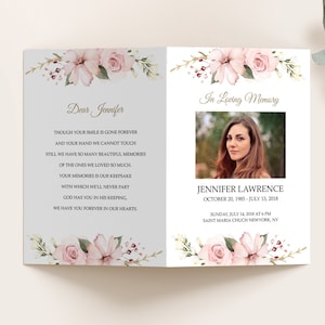Editable Pink Rose Floral Funeral Program Template in Loving Memory of ...