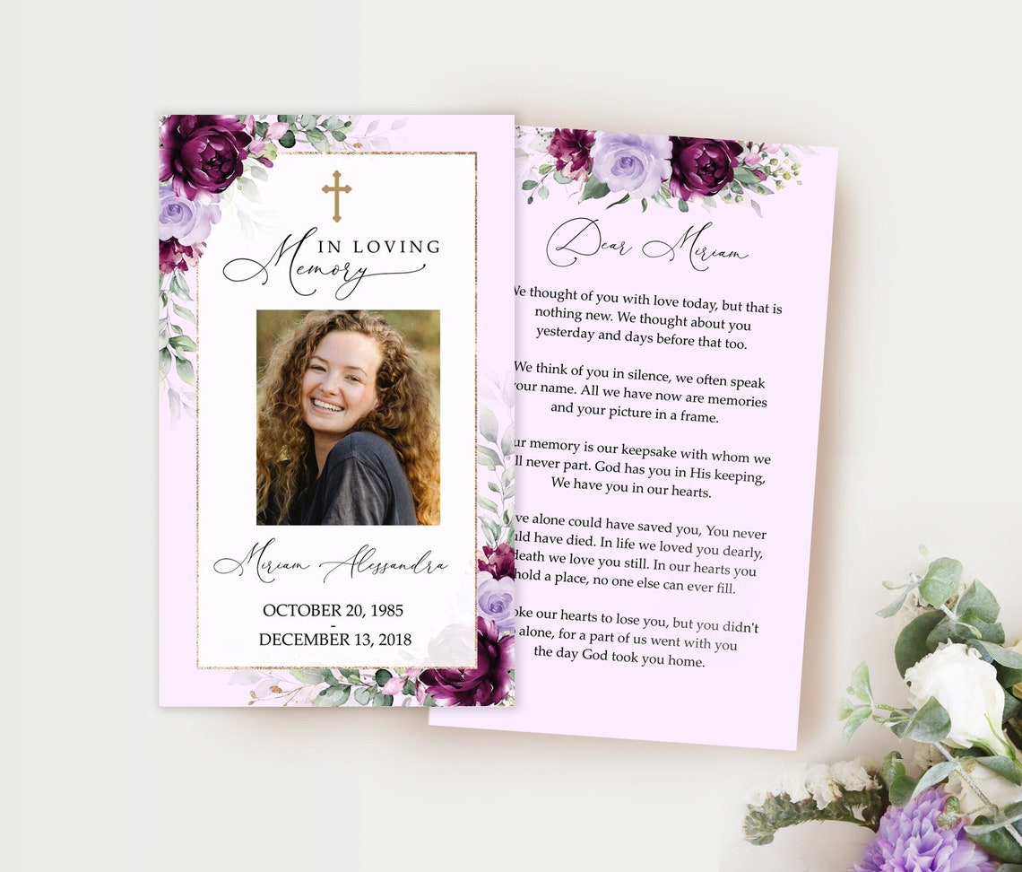 Prayer Card Template, Memorial Prayer Card, Purple Rose Funeral Card ...