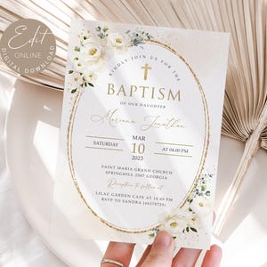 Baptism Invitation Template, Rustic White Flowers Frame, Editable ...